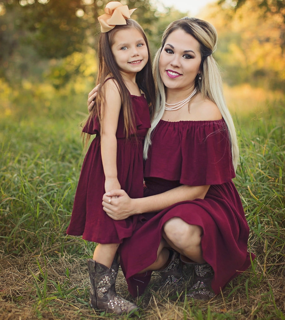 Girl's Burgundy Off The Shoulder Dress – JustSheli